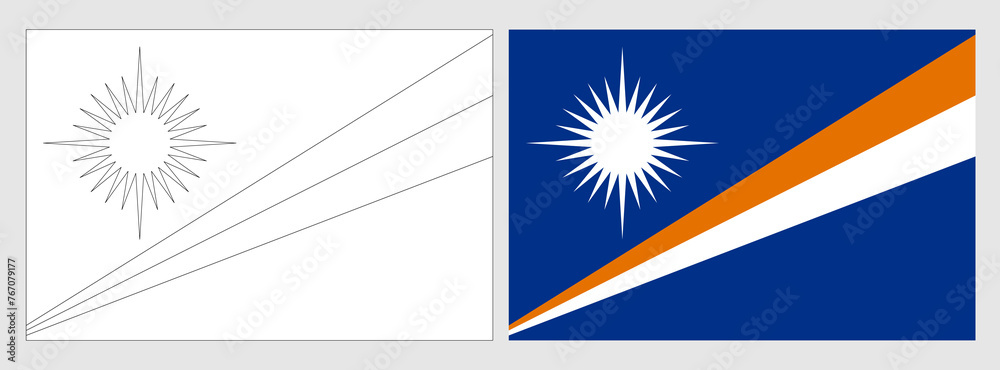 Marshall Islands flag - coloring page. Set of white wireframe thin ...