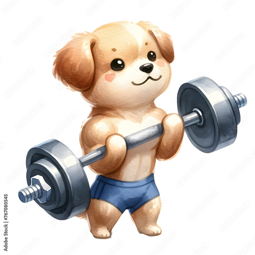 Cute watercolor animal character is exercising by holding the dumbbell ...