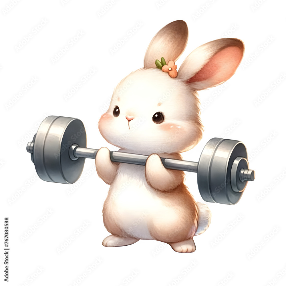 Cute watercolor animal character is exercising by holding the dumbbell ...