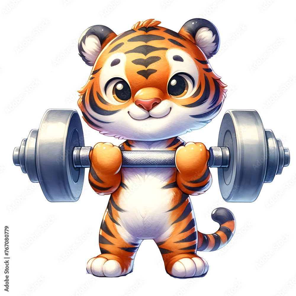 Cute watercolor animal character is exercising by holding the dumbbell ...