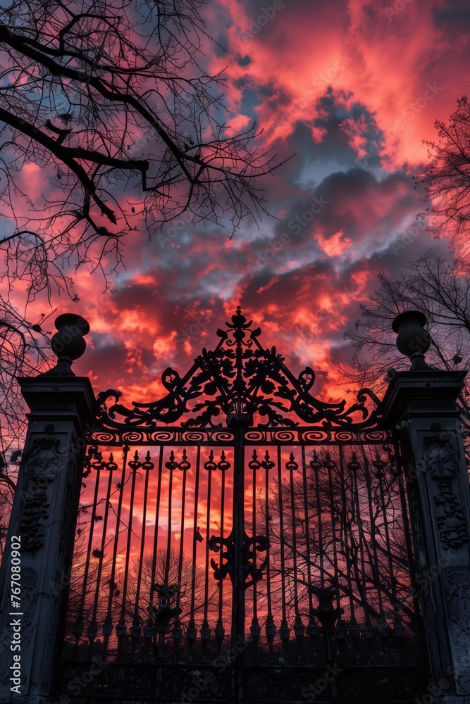 Gothic forged cemetery gate, resembling the gates of hell, on fiery red ...
