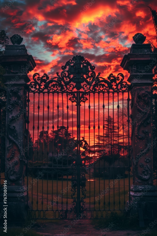 Gothic forged cemetery gate, resembling the gates of hell, on fiery red ...