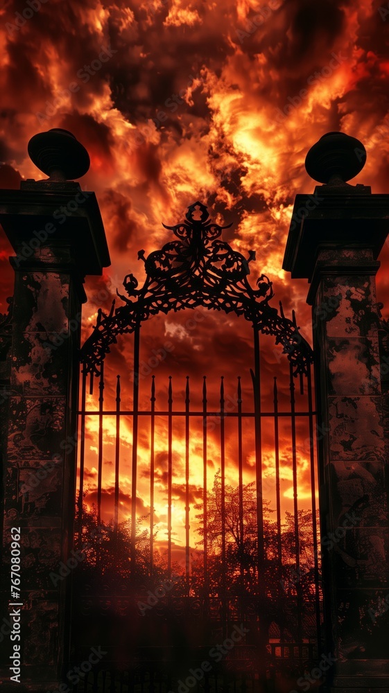 Gothic forged cemetery gate, resembling the gates of hell, on fiery red ...