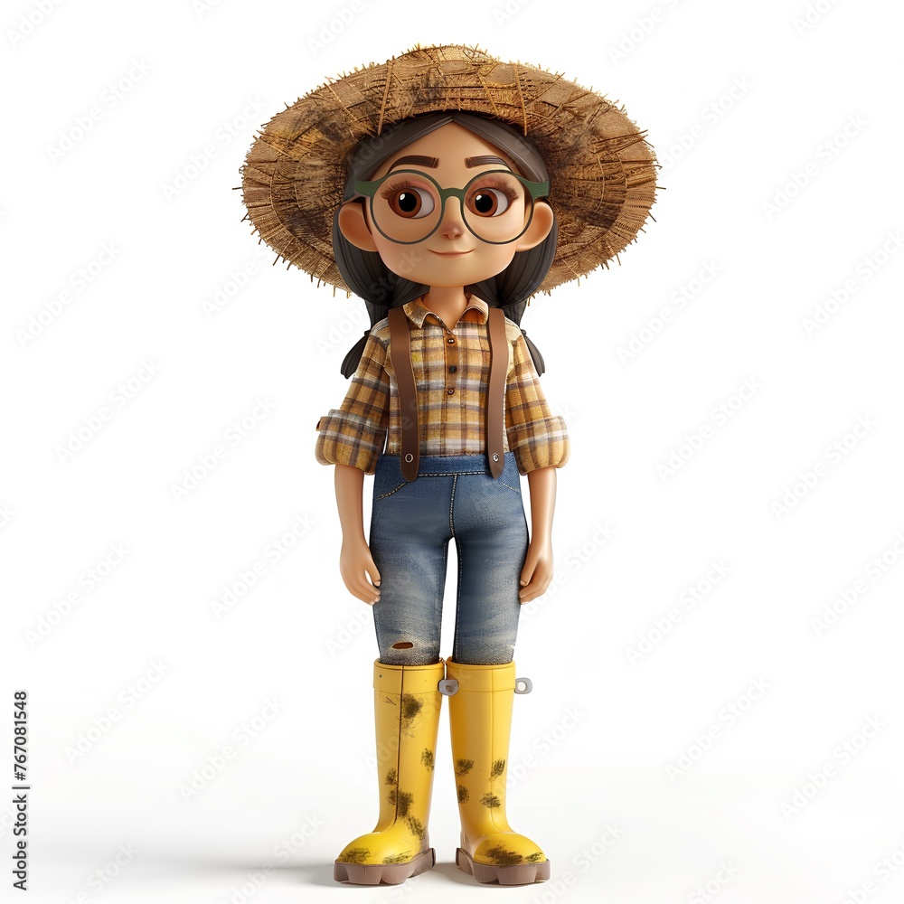 Cute farm girl with dark hair in a brown shirt , yellow rubber boots ...