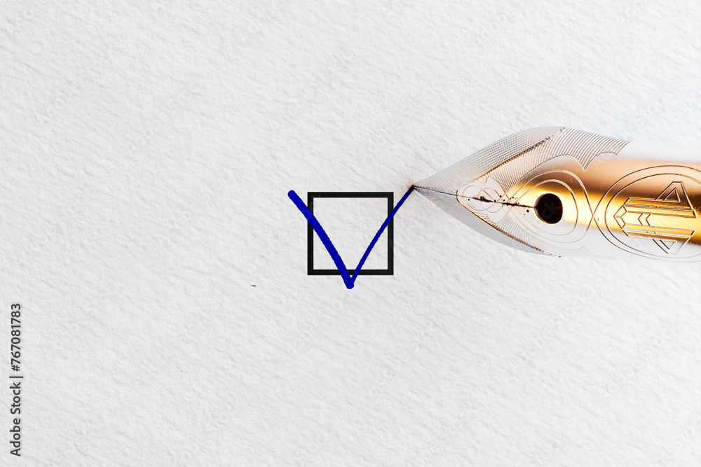 Artistic Golden Rocket Launch from Blue Checkmark on Textured White ...