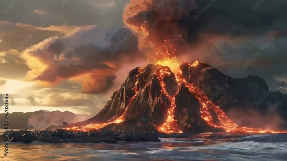 A volcano erupting on an island in the middle of the ocean, with lava ...