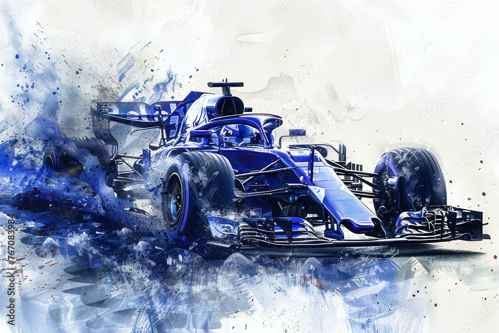 Blue watercolor painting of sport car racing in formula 1 competition ...