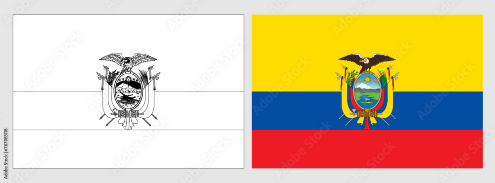 Ecuador flag - coloring page. Set of white wireframe thin black outline ...