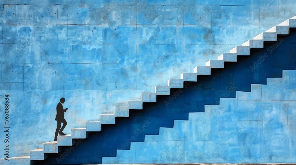 Side view of a determined individual climbing illuminated stairs in the ...