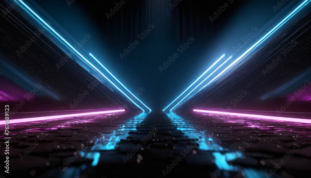 Night scene with neon, light reflection. Dark neon surface with lines ...