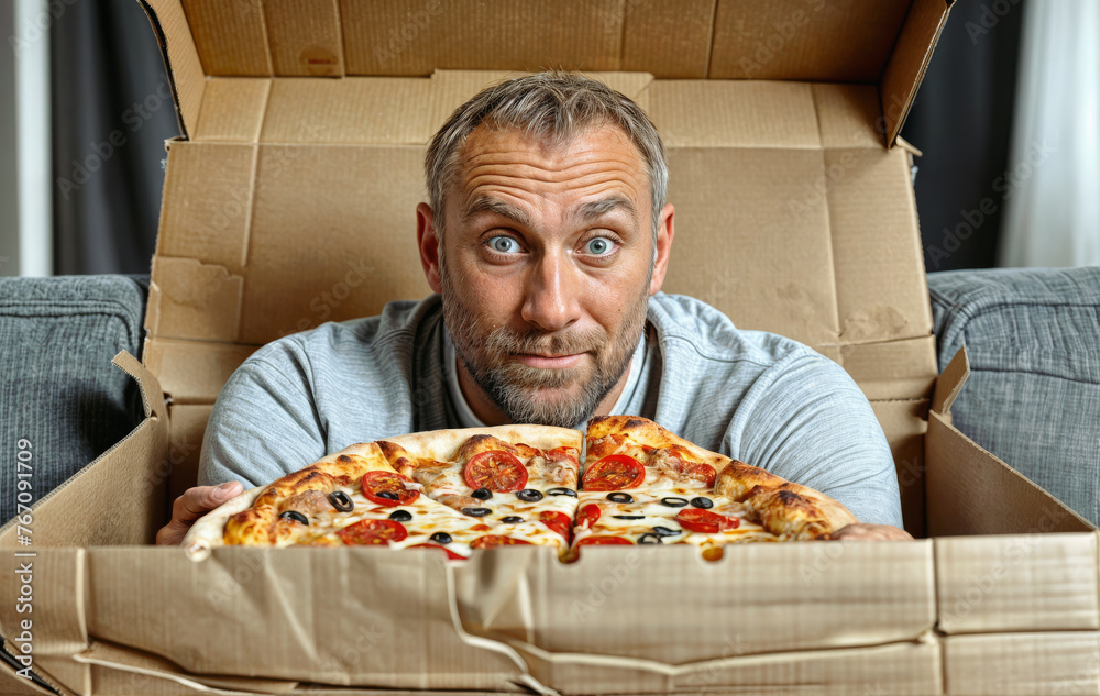 man in a box eating pizza created with Generative AI technology Stock ...