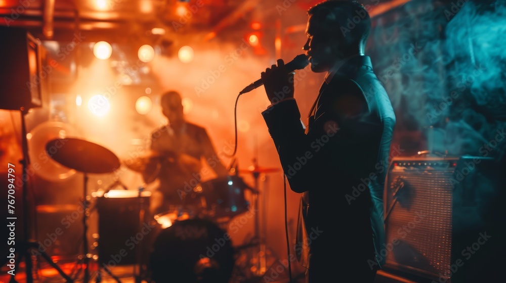 Silhouetted singer passionately performing on stage, mic in hand, with ...