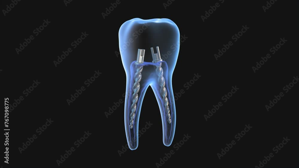 Dental steel post inside molar teeth, Xray view. Dental endodontic ...