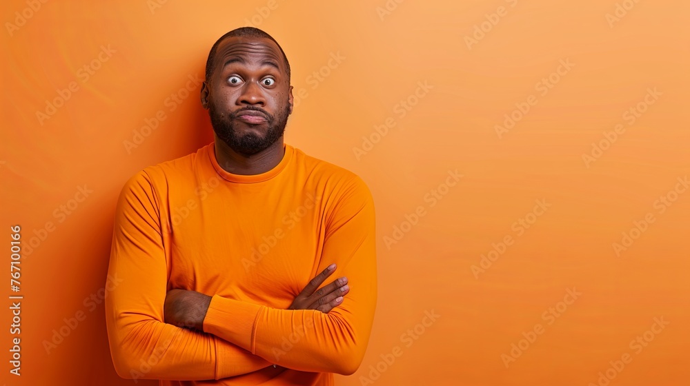 Shocked European man while watching look above isolated blue background ...