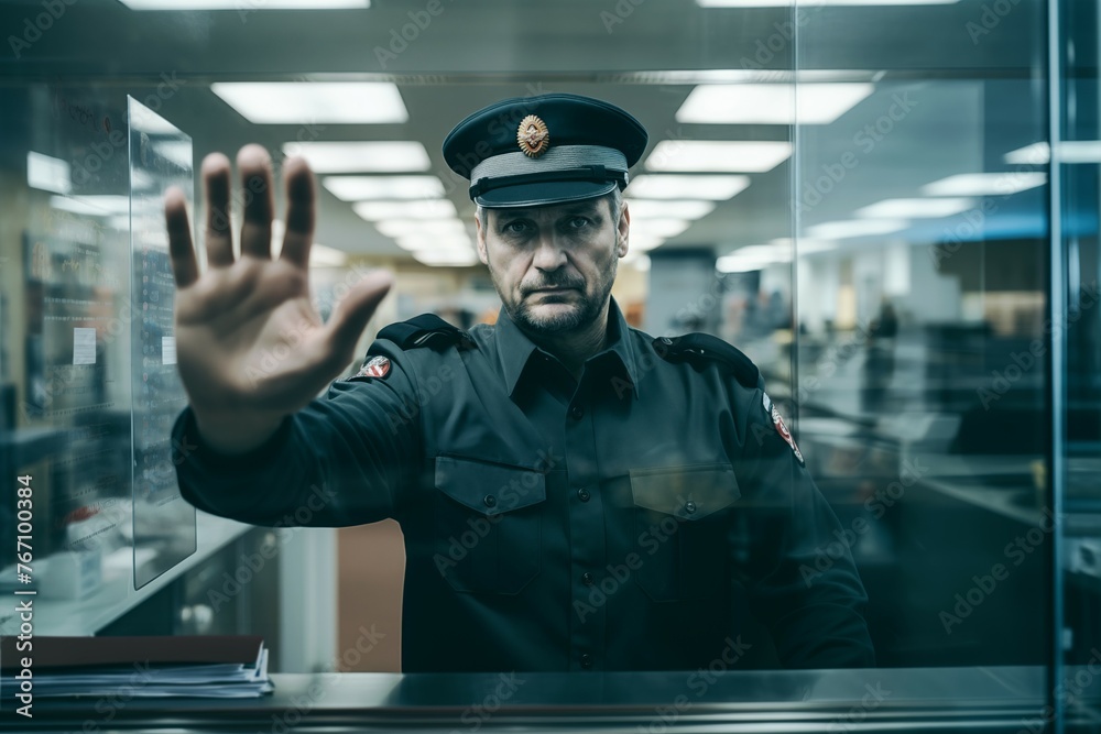 Male border guard showing a stop sign gesture with his hand palm ...