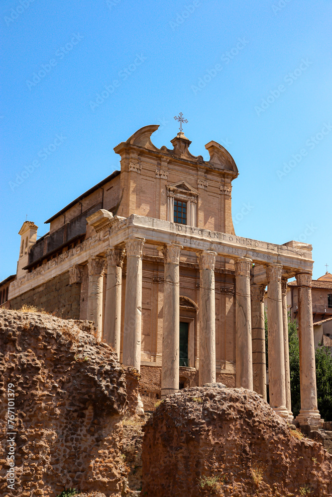 Rome, Italy- July 31, 2019: Exterior view of Temple of Antoninus and ...