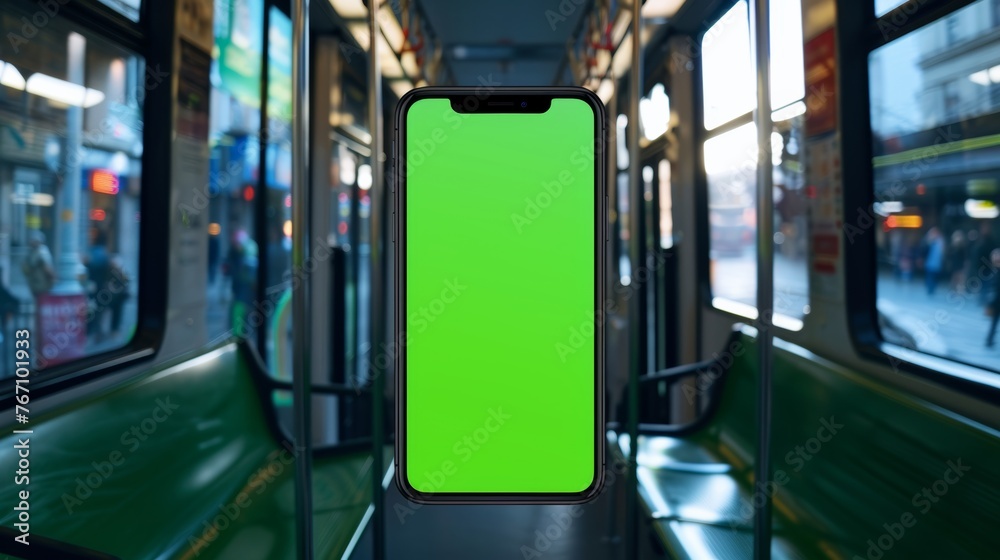 mobile telephone with a vertical green screen in tram chroma key ...