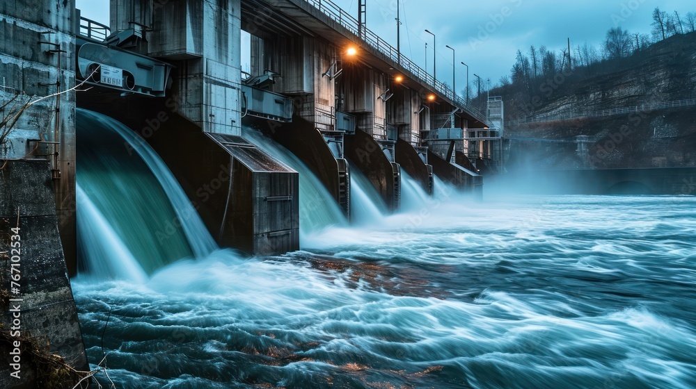 hydroelectric dam, water discharge through locks, river, power, energy ...