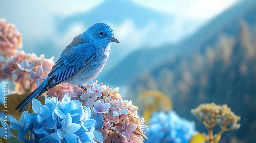 Blue mountain backdrop with a vivid bluebird on a pastel hydrangea ...