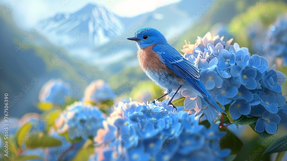 Blue mountain backdrop with a vivid bluebird on a pastel hydrangea ...