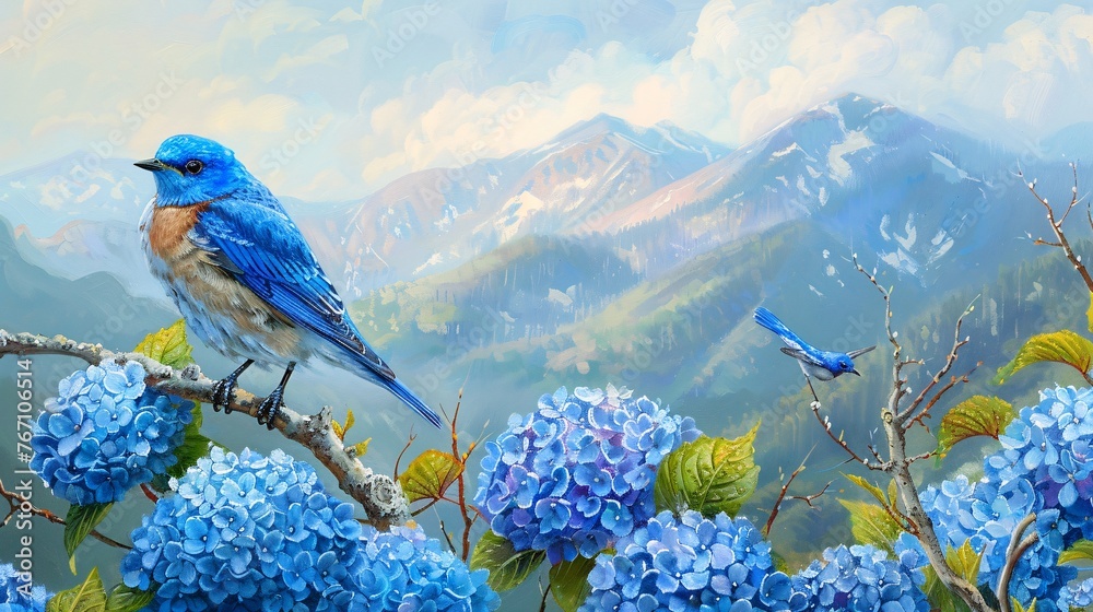 Blue mountain backdrop with a vivid bluebird on a pastel hydrangea ...