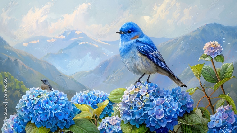 Blue mountain backdrop with a vivid bluebird on a pastel hydrangea ...