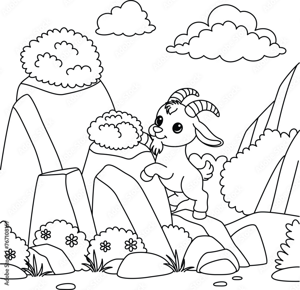 Cute kawaii playful goats climb rocky cliffs and nibble on shrubby ...