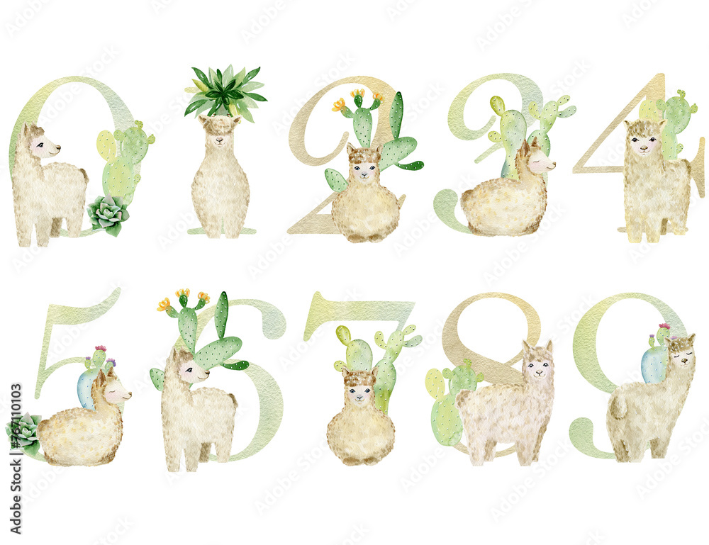 Watercolor numbers with llamas for invitation card, nursery poster and ...