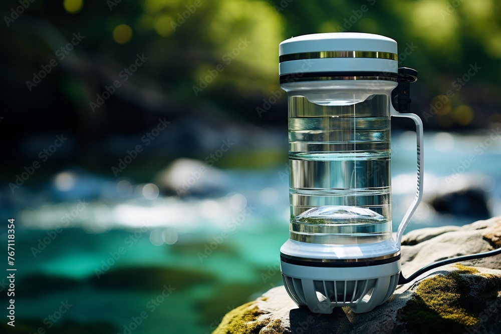 Macro view of a water filtration device, turning river water into safe ...