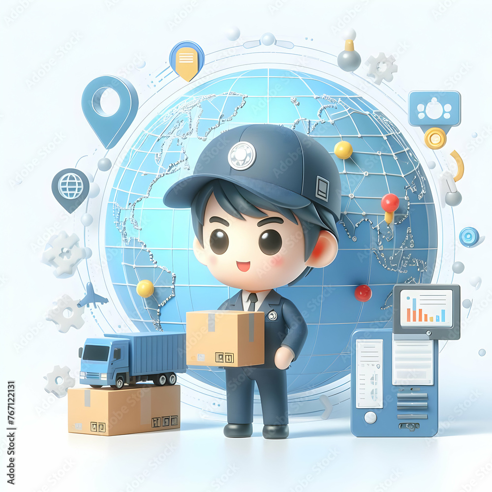 3D flat cute chibi icon for Global Logistics Coordinator with World Map ...