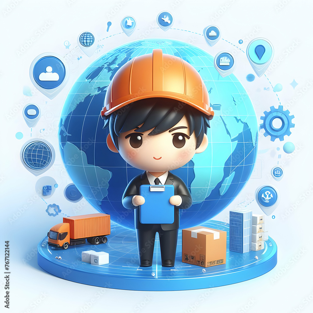 3D flat cute chibi icon for Global Logistics Coordinator with World Map ...
