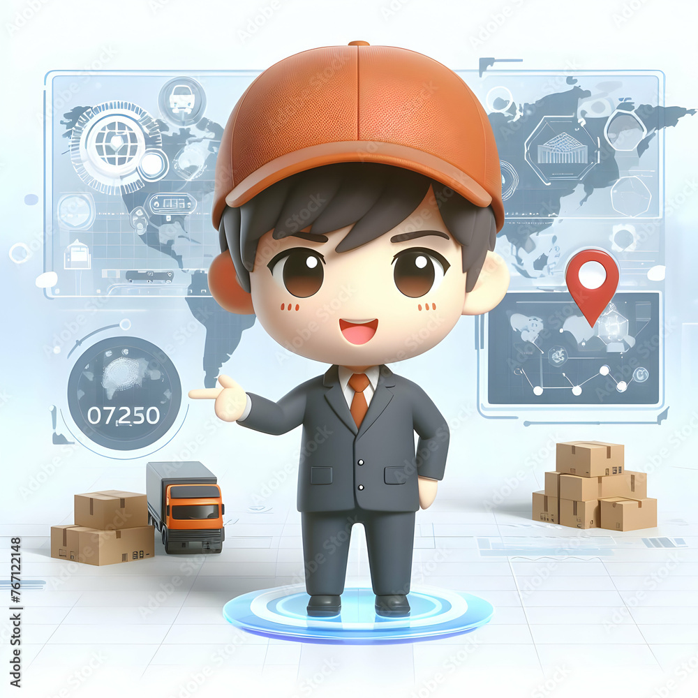 3D flat cute chibi icon for Global Logistics Coordinator with World Map ...