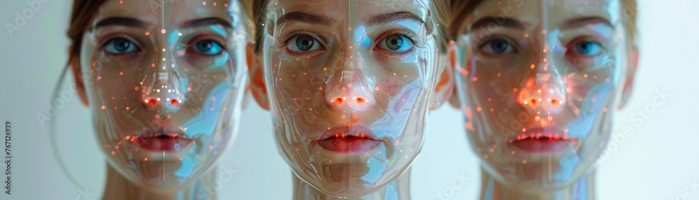 AI creating hyper-realistic deepfakes, visualized as digital masks ...