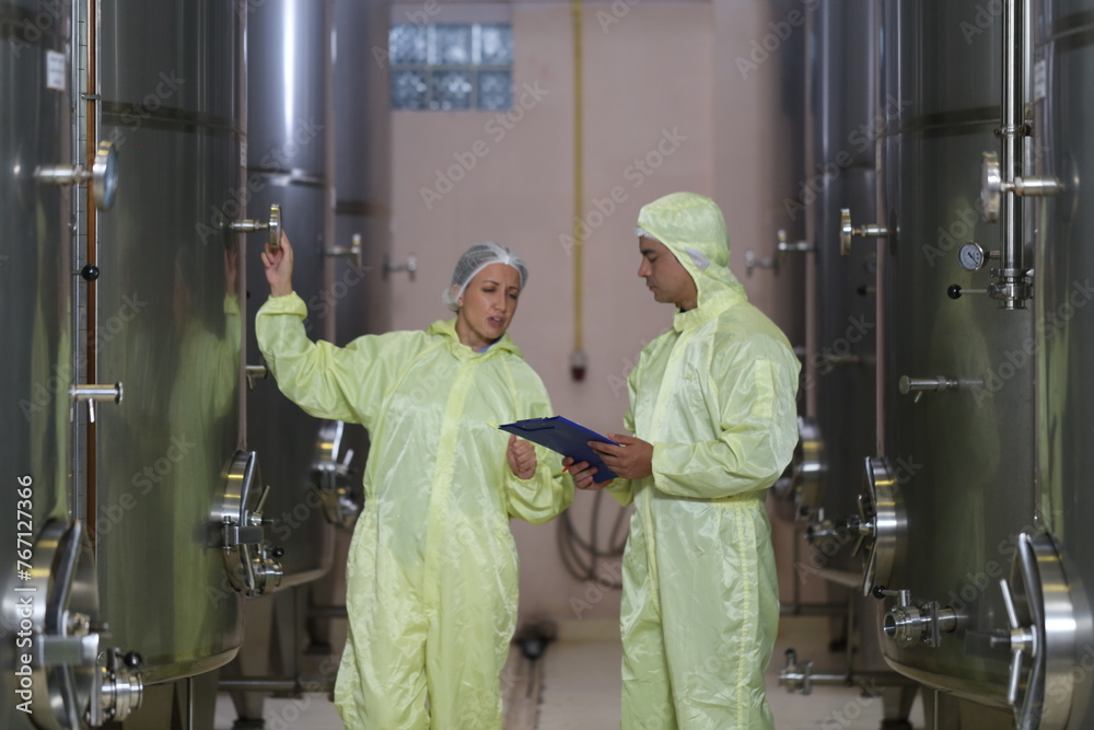 Winemaker woman and business owner wearing a sterile suit working and ...