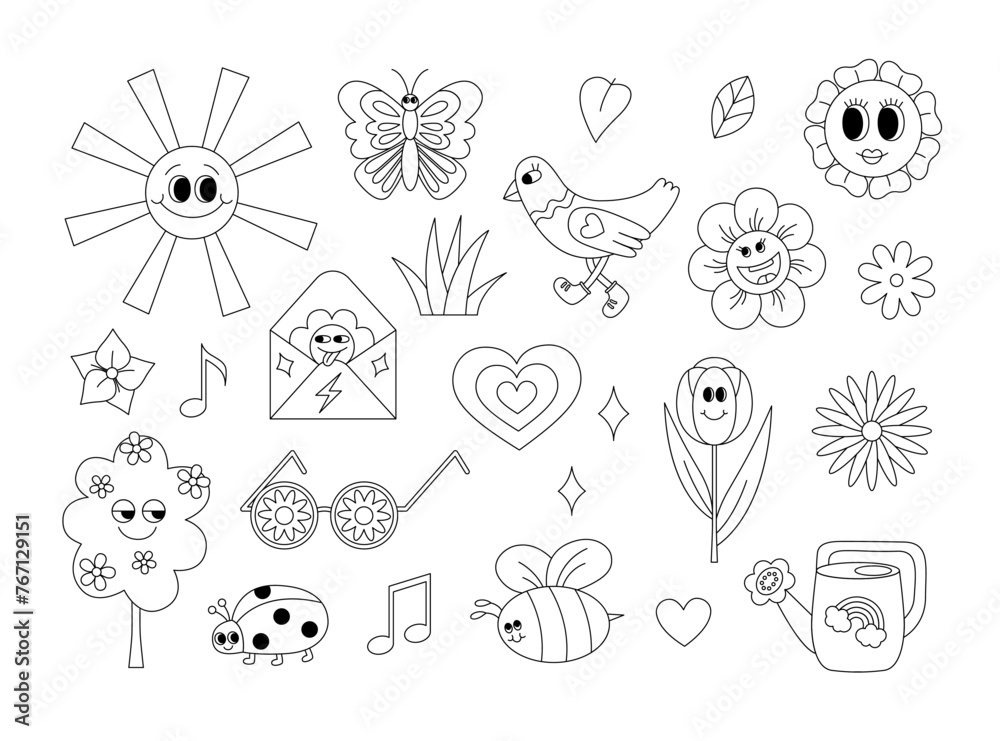 Retro 70s groovy spring and summer elements coloring page. Funky hippie ...