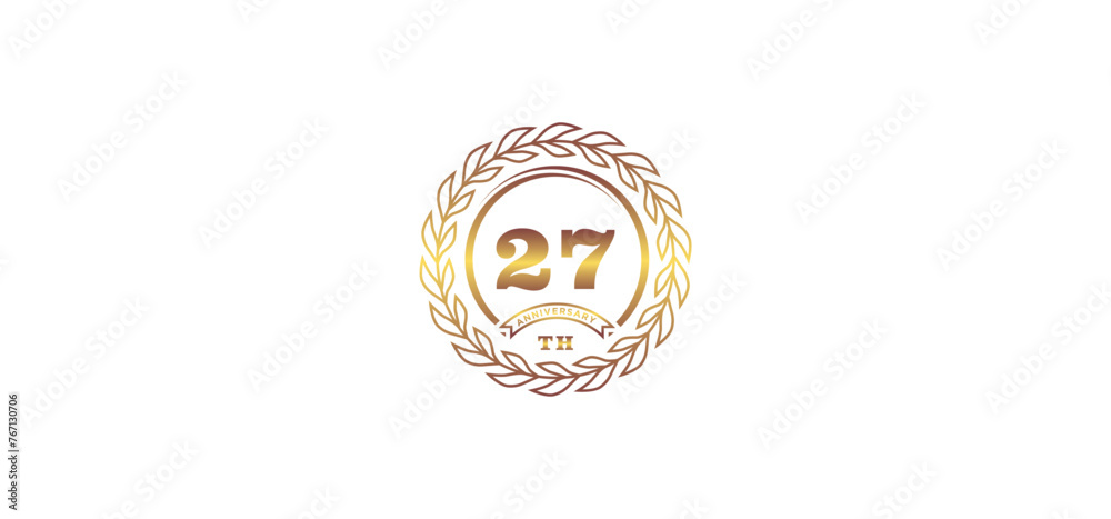 27st anniversary logo with ring and frame, gold color and white ...