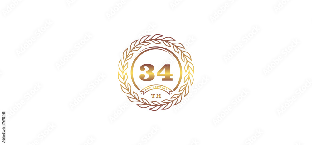 34st anniversary logo with ring and frame, gold color and white ...