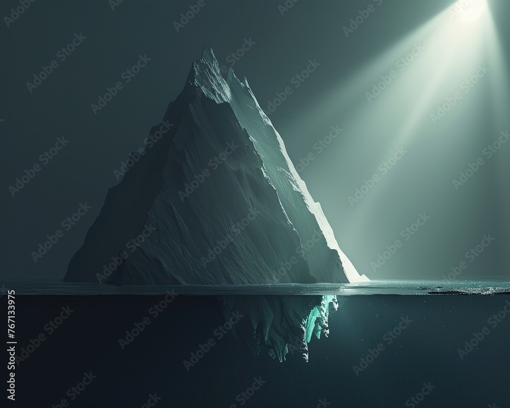 3D financial iceberg adrift in a sea of uncertainty, its tip glowing ...