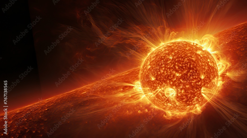 Surface of sun with prominences, solar radiation and magnetic storm ...