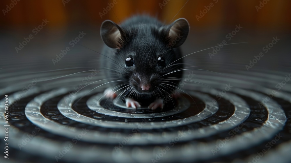 a close up of a mouse on a circular surface with a blurry image of the ...