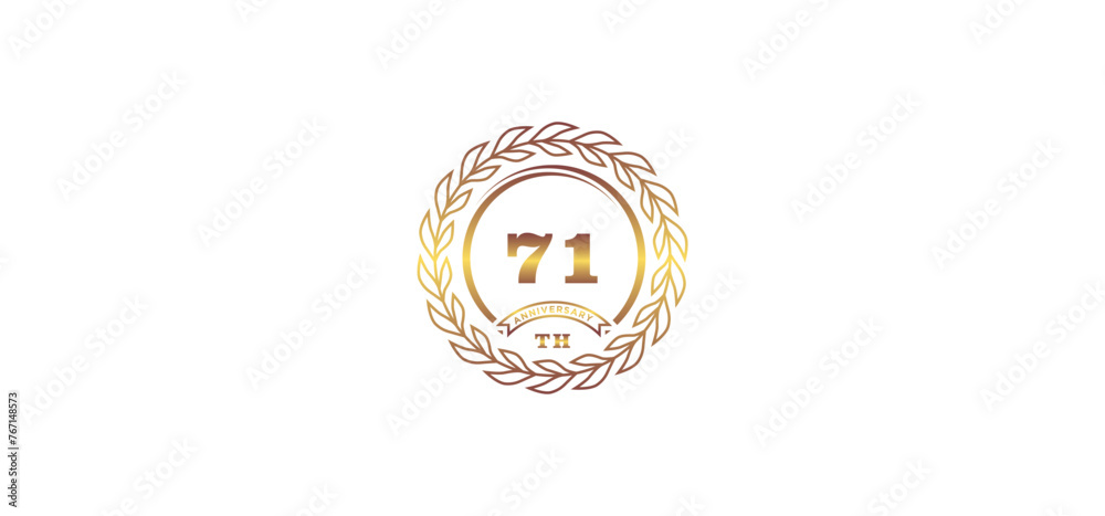 71st anniversary logo with ring and frame, gold color and white ...