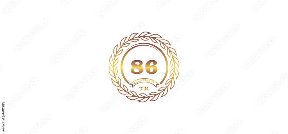 86st anniversary logo with ring and frame, gold color and white ...