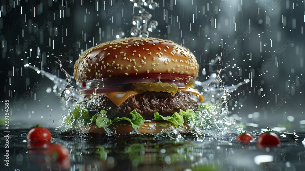 Digital rain falling on a burger headed titan pickles and onions ...