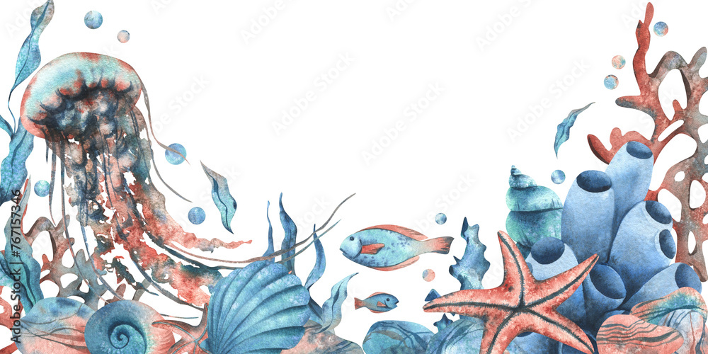 Underwater world clipart with sea animals whale, turtle, octopus ...