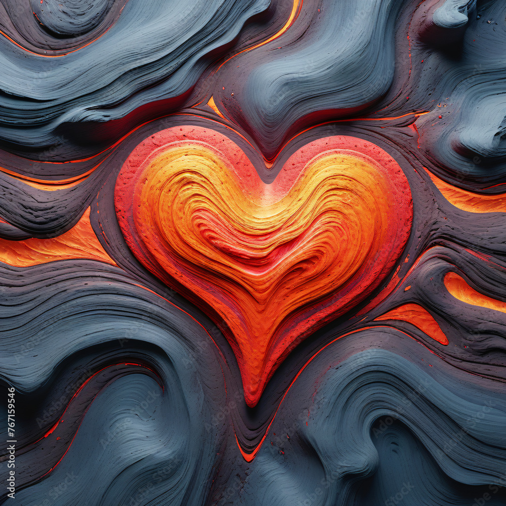 Hot burning heart and flowing magma below black stone background ...