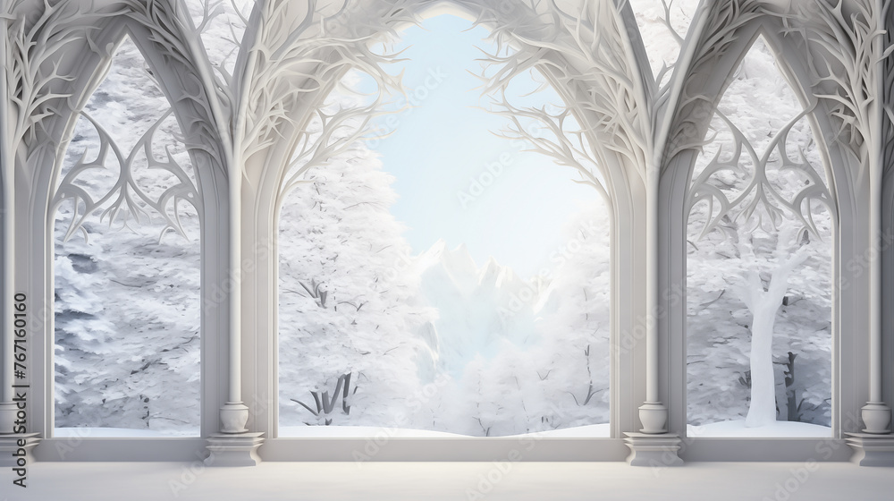 white arch with a window, in a fantasy background, winter landscape ...