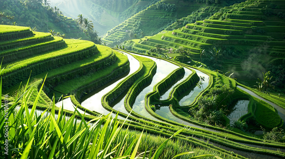 Rice field terrace on mountain hills, beautiful terraced asian rice ...