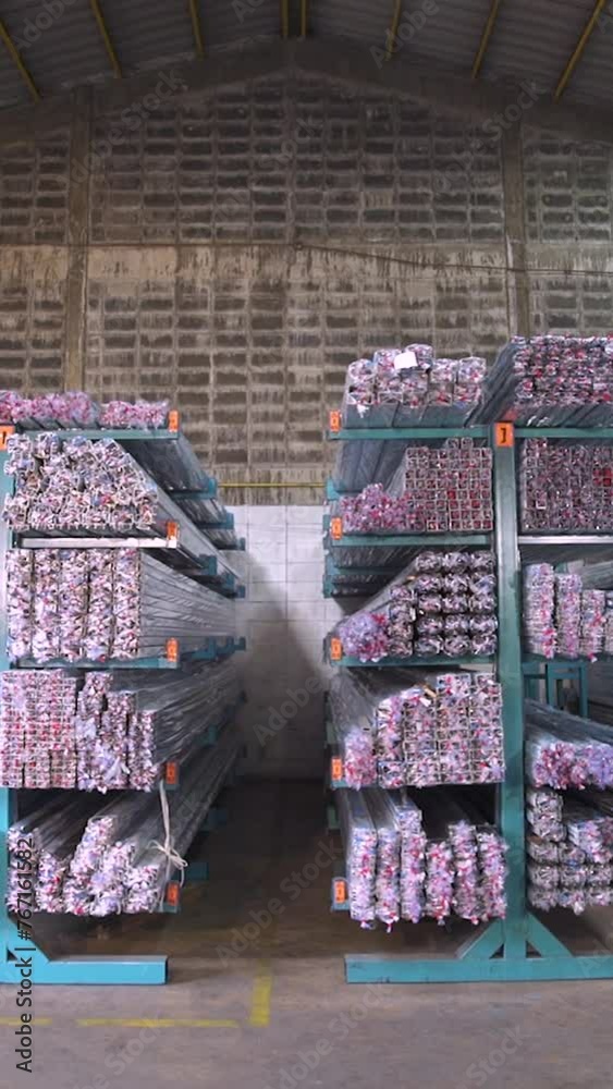 Stacked building materials Aluminum steel stored in a warehouse ...