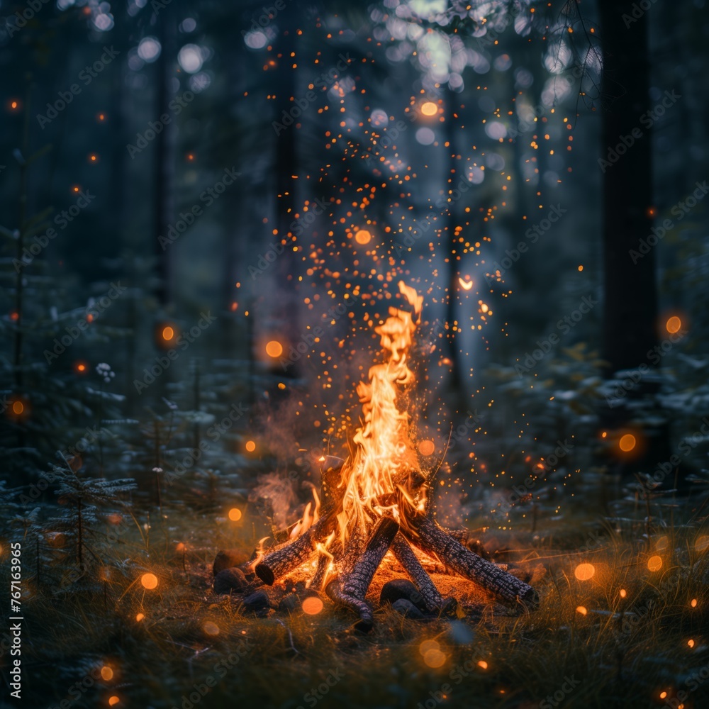 Campfire professional photo, glowing particles, fire in the night beach ...