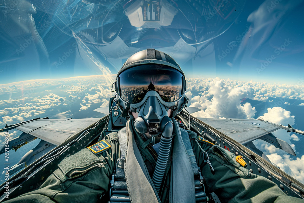 Portrait of a fighter pilot in an aircraft cockpit in the sky during ...